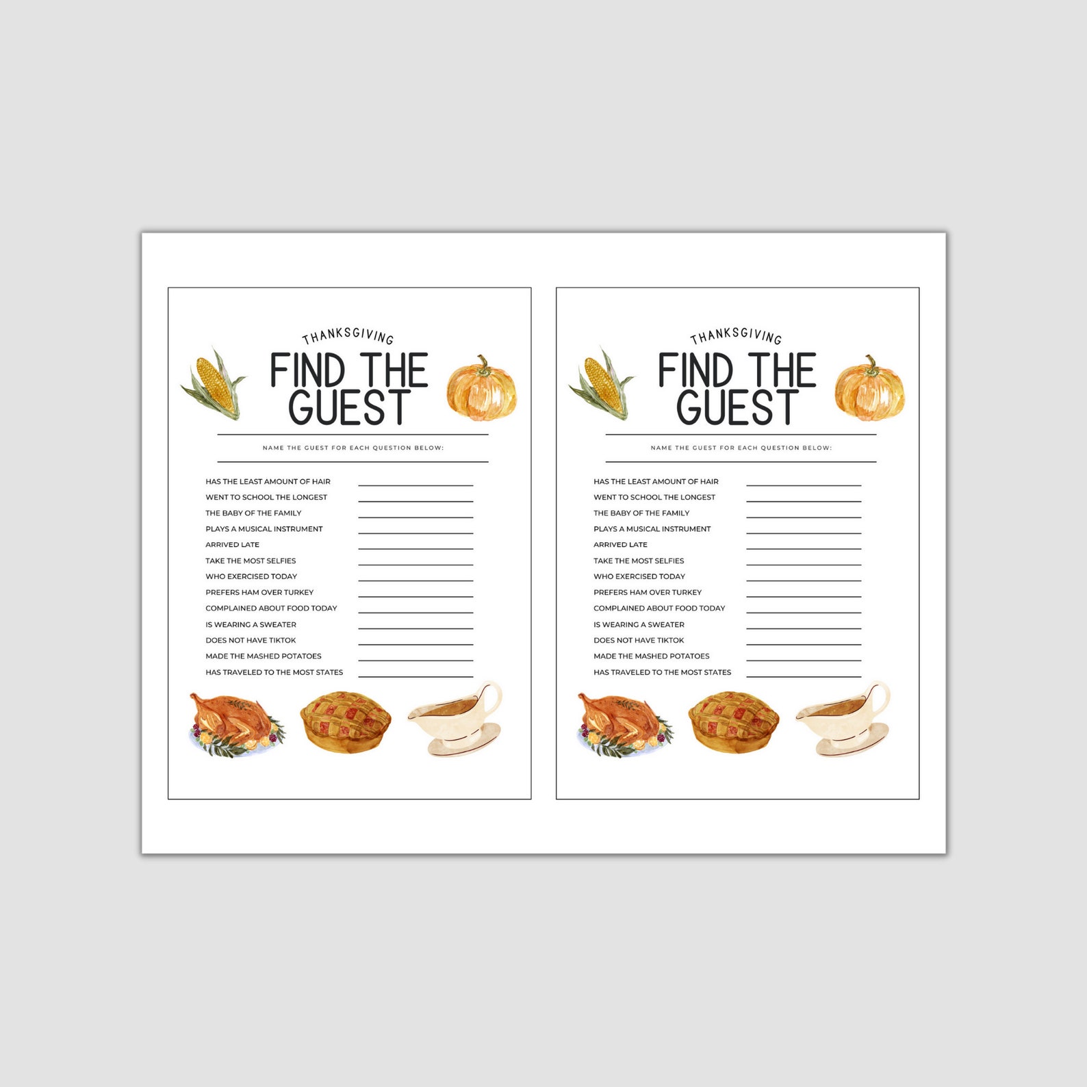 Thanksgiving Find the Guest Game, Thanksgiving Party Game ...