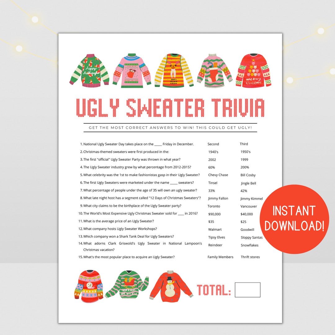 Ugly Sweater Christmas Trivia Party Game for Office Parties, Printable ...