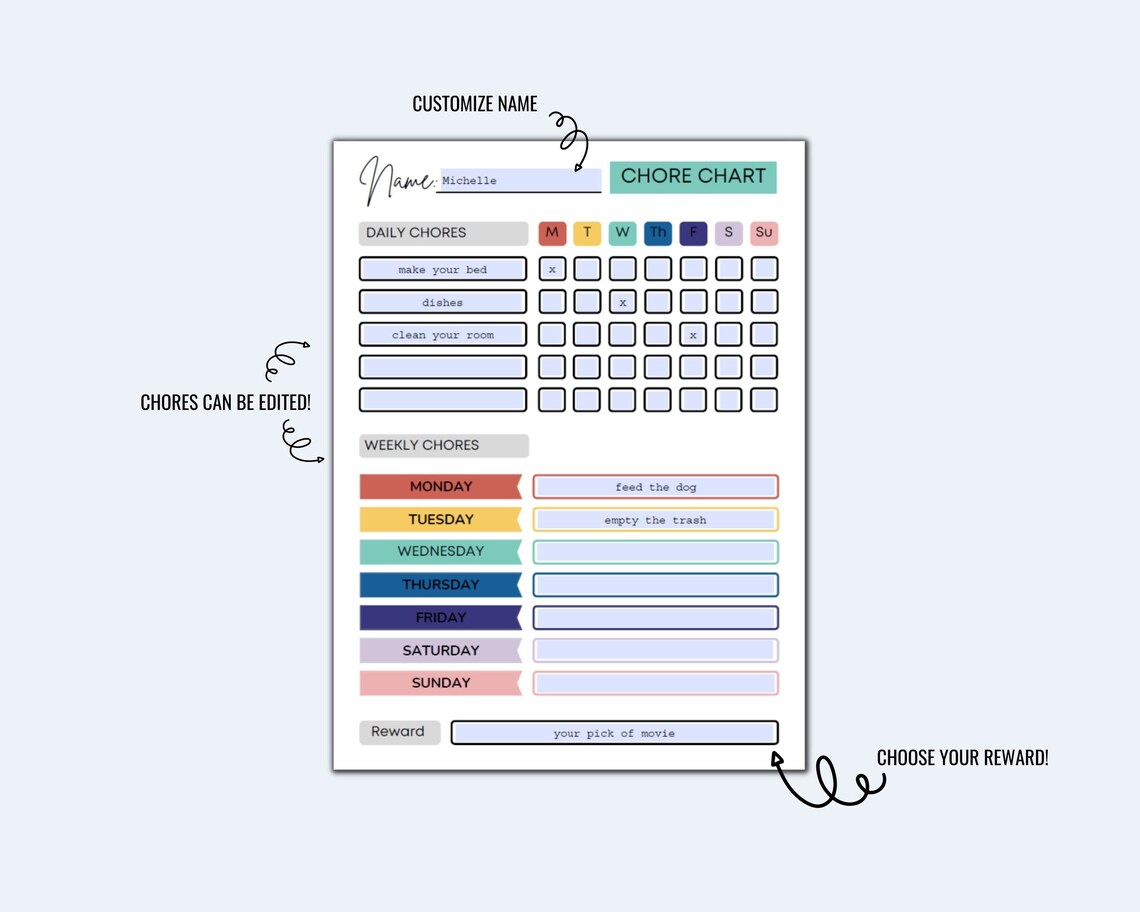 Weekly Daily Chore Chart for Kids Responsibility Chart Homeschool My ...