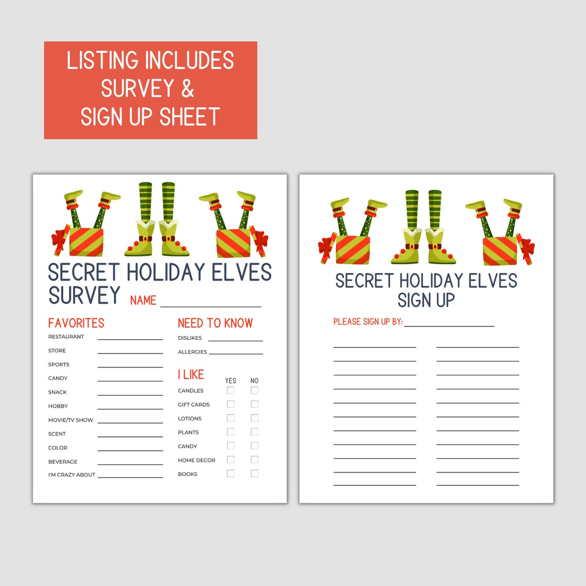 Holiday Elves Questionnaire Printable for Office Holiday Gift Exchange ...