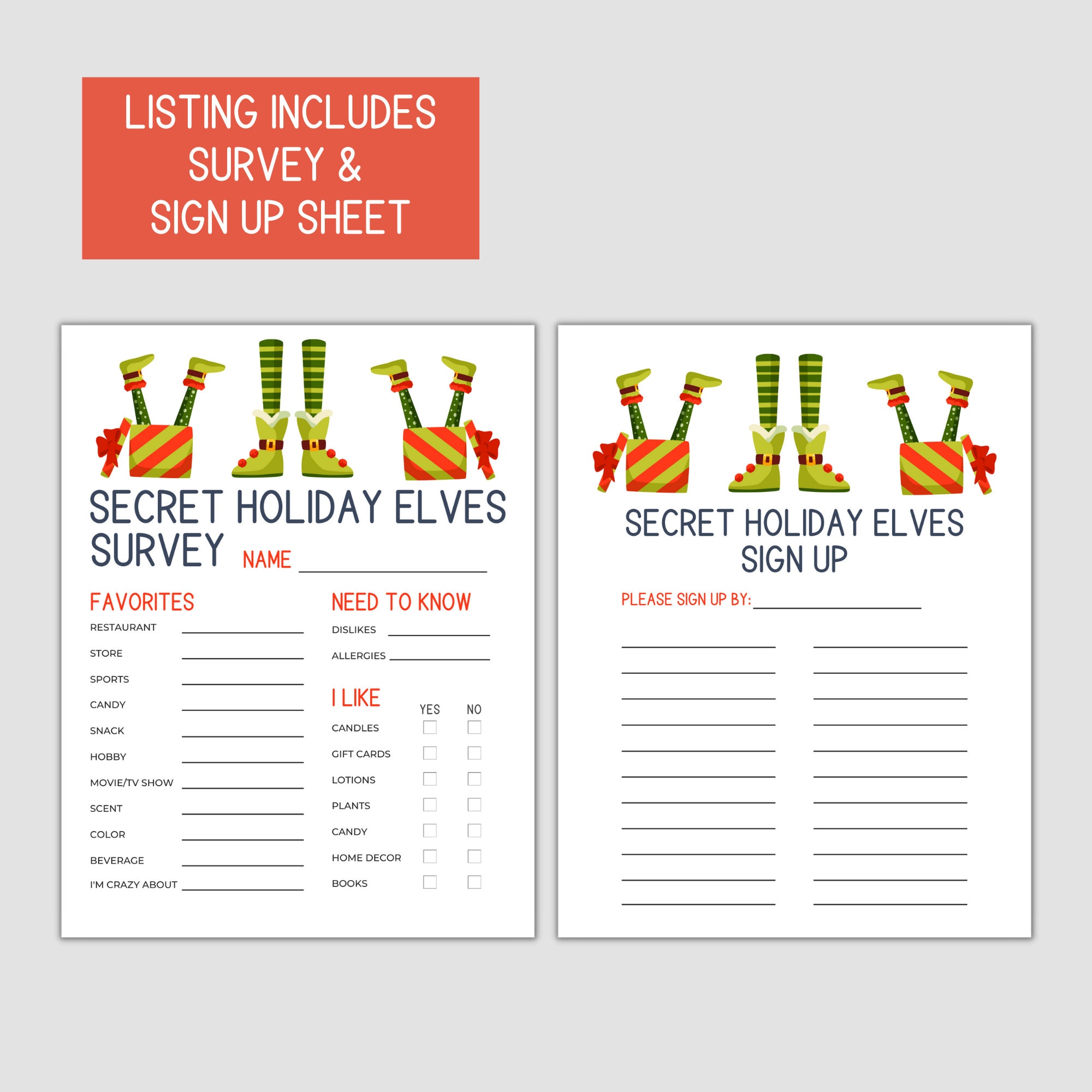 Holiday Elves Questionnaire Printable for Office Holiday Gift Exchange ...