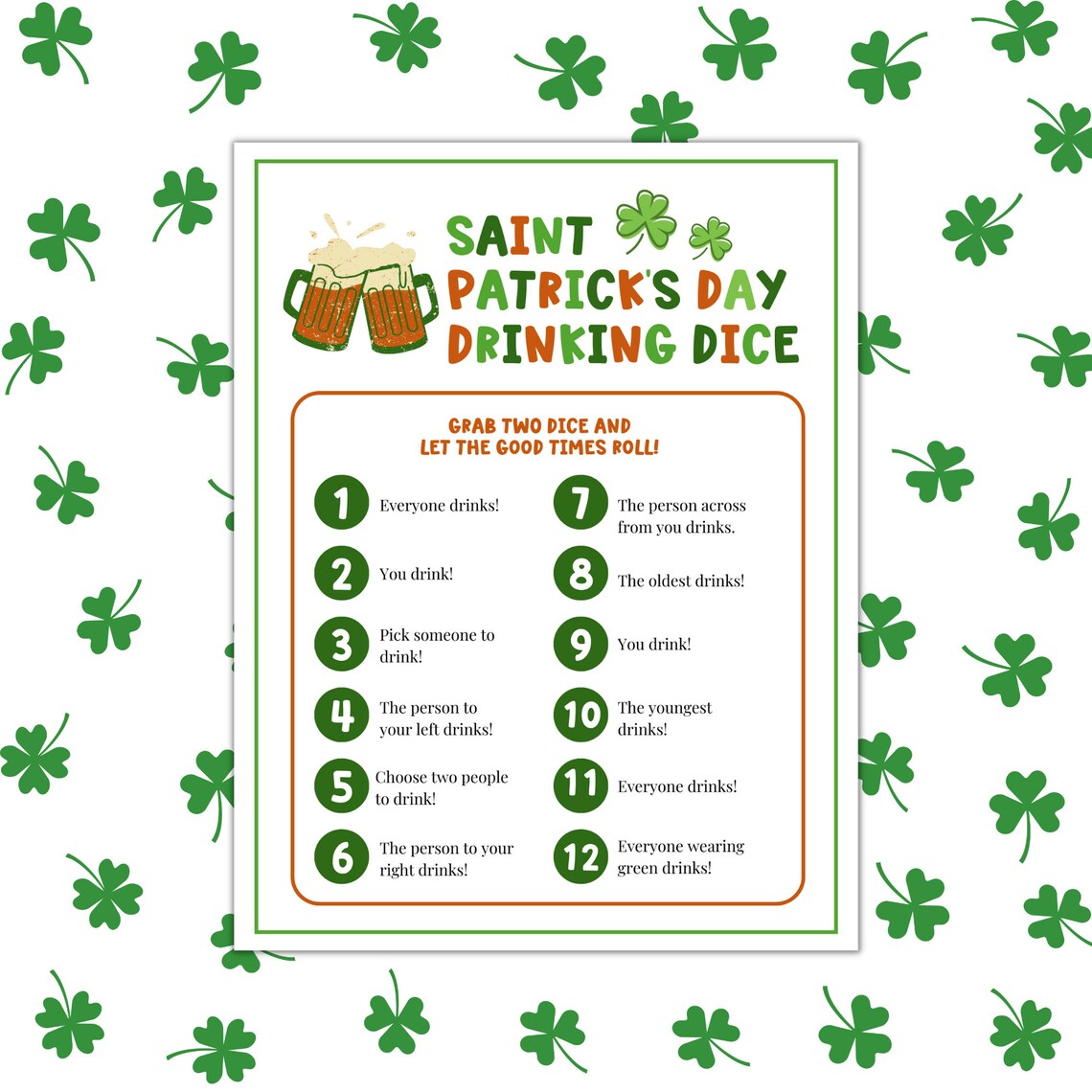 St Patrick's Day Drinking Dice Game, Adult St Patricks Day Drinking ...