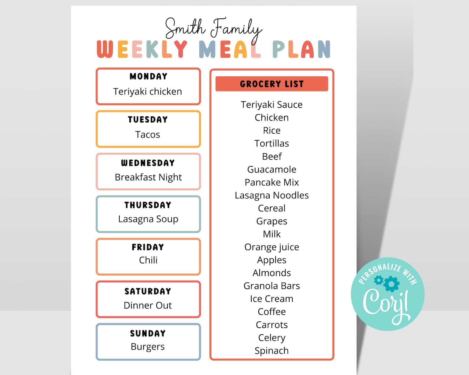 Weekly Meal Planner Dinner Menu Printable Editable Template With ...