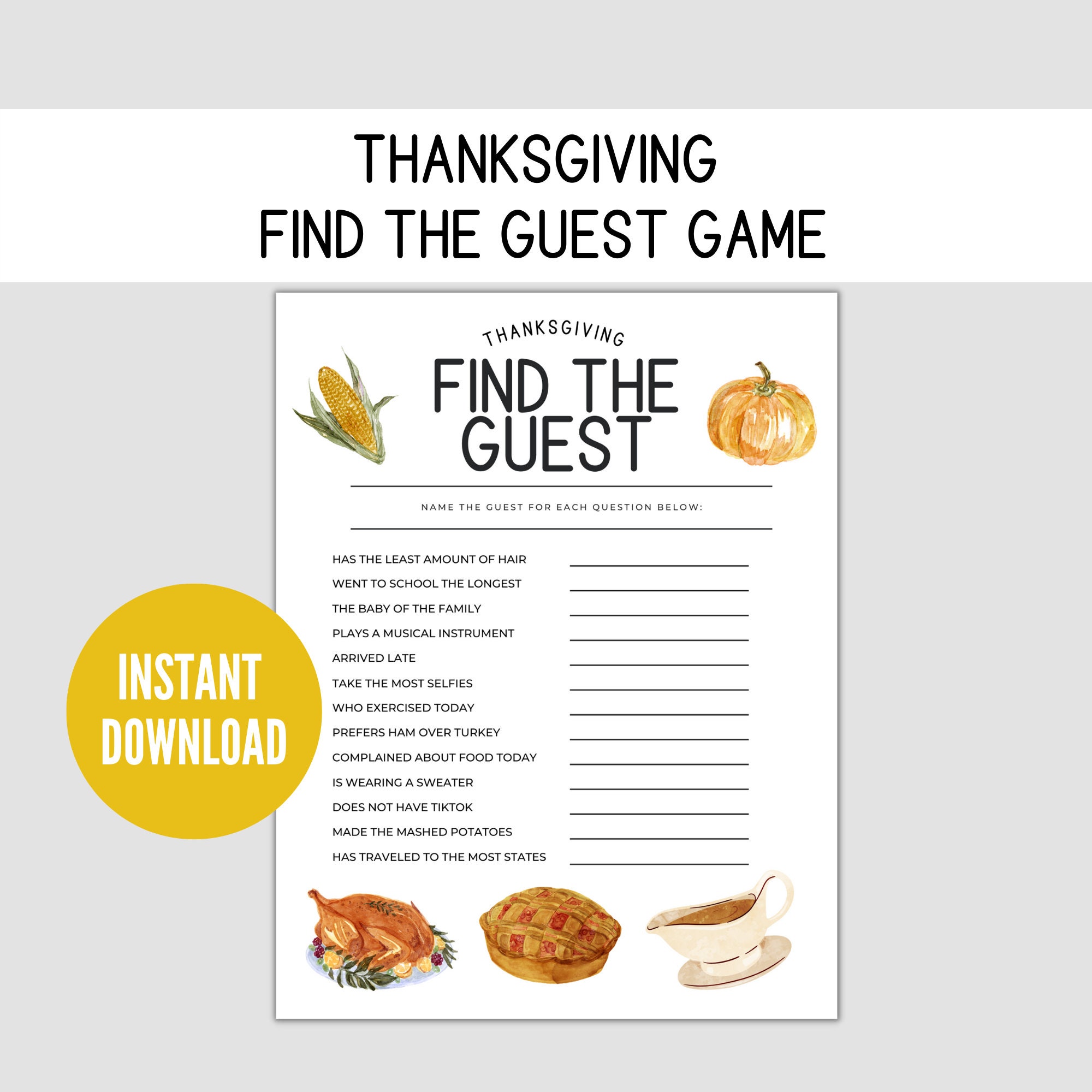 Thanksgiving Find the Guest Game, Thanksgiving Party Game ...