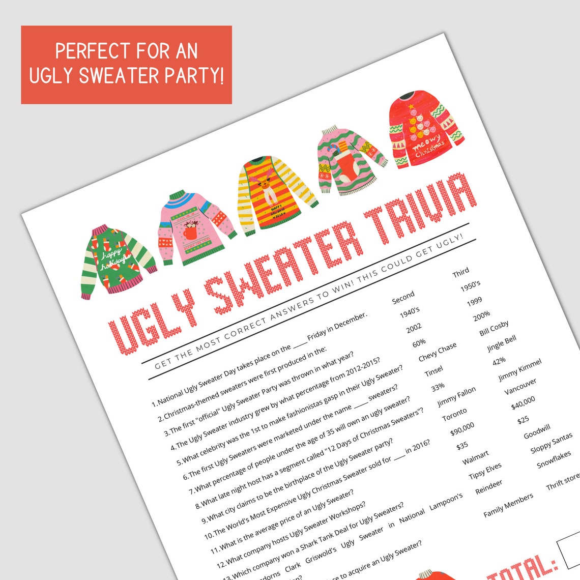 Ugly Sweater Christmas Trivia Party Game for Office Parties, Printable ...