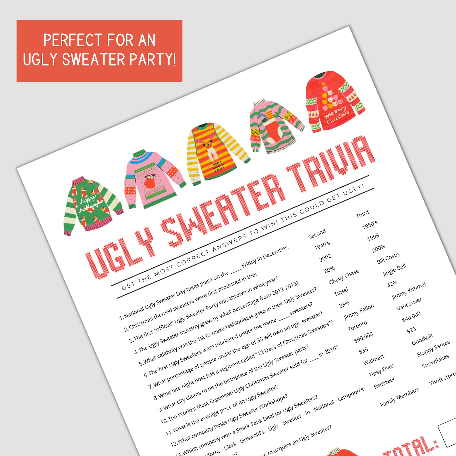 Ugly Sweater Christmas Trivia Party Game for Office Parties, Printable ...