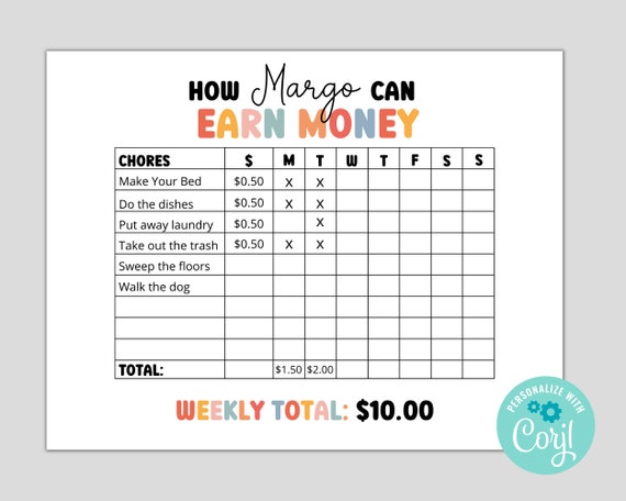 Kids Chore and Allowance Chart Printable How to Earn Money - Etsy