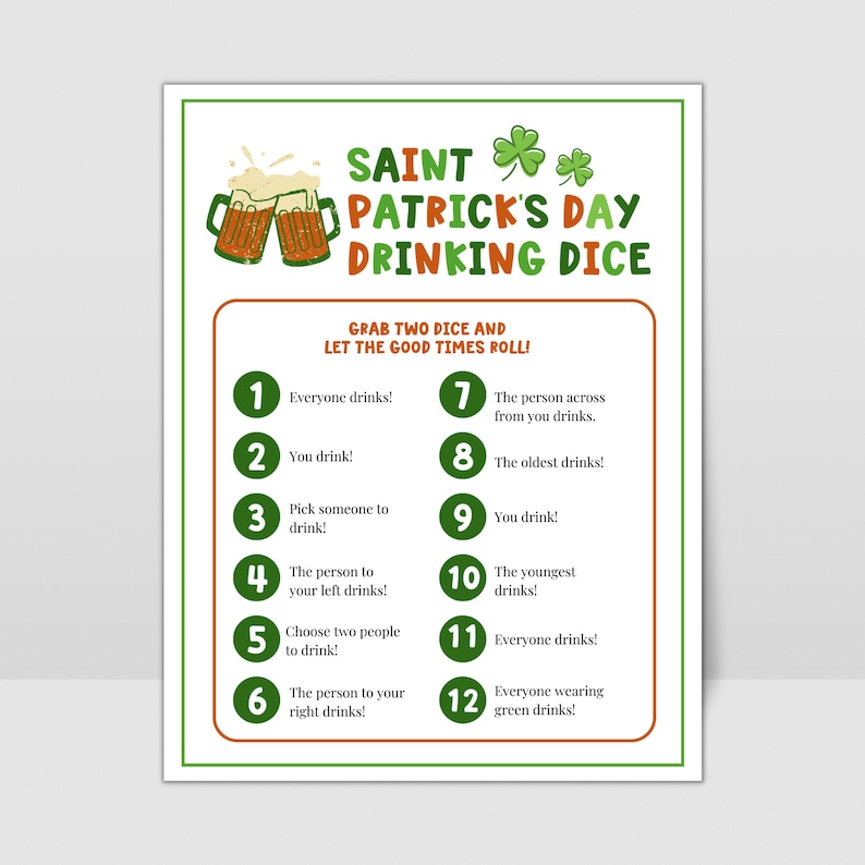 St Patrick's Day Drinking Dice Game, Adult St Patricks Day Drinking ...