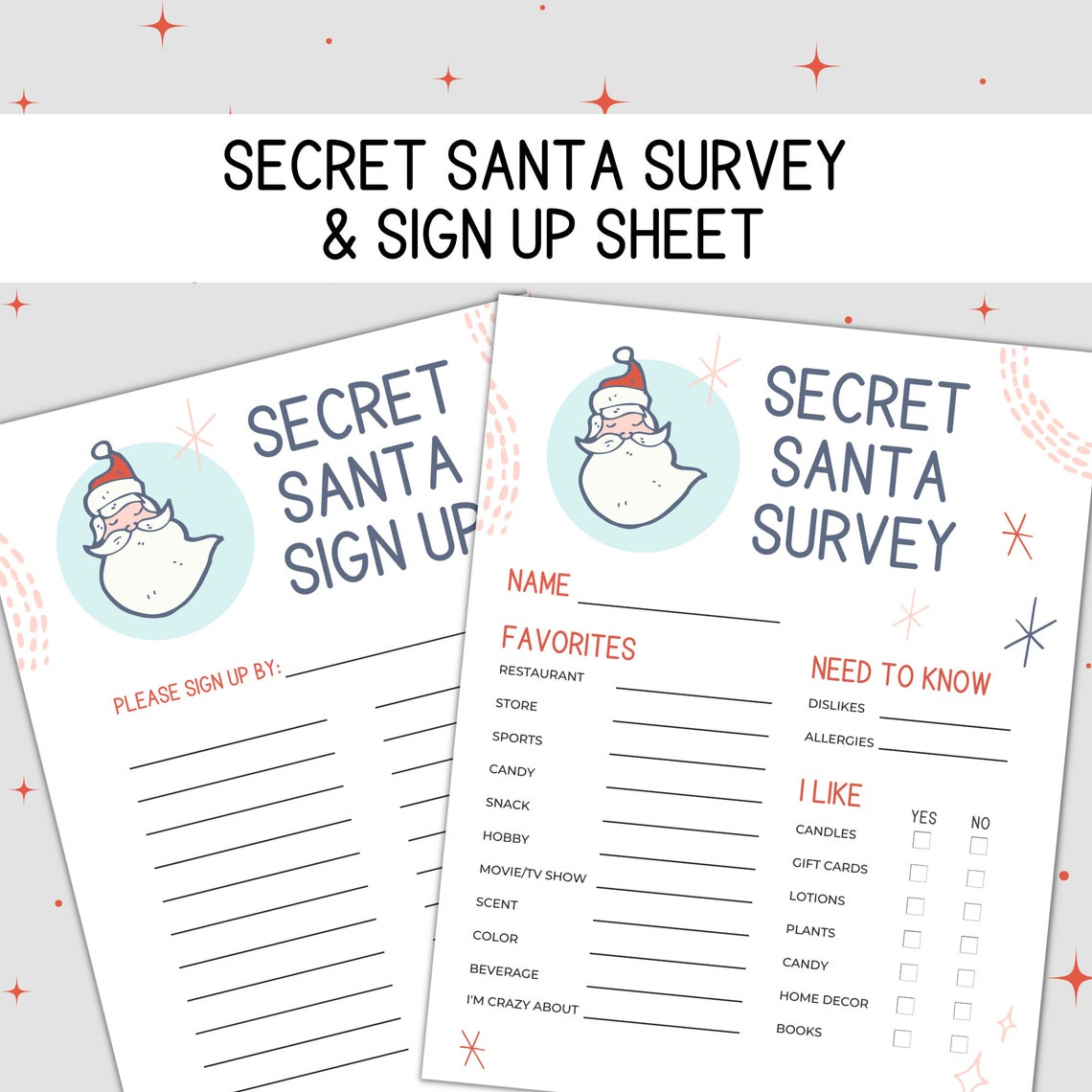 Secret Santa Questionnaire Printable for Holiday Gift Exchange, Holiday ...