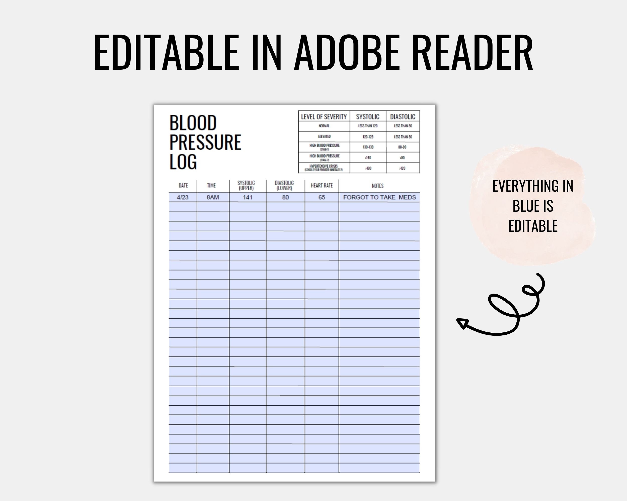 Blood Pressure Log Editable Printable, Blood Pressure Tracker, Medical ...