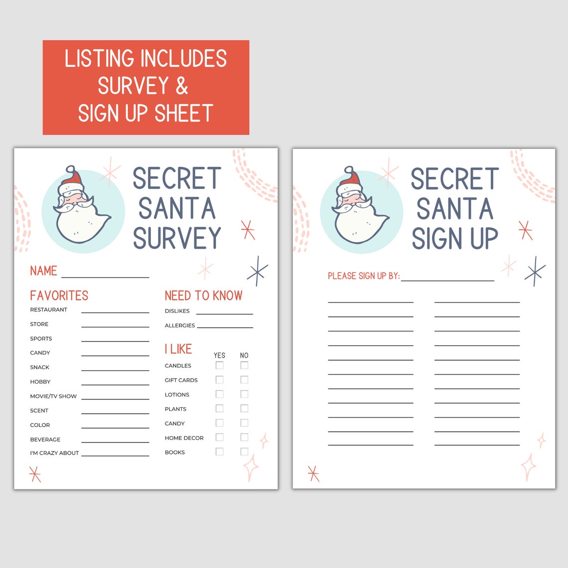 Secret Santa Questionnaire Printable for Holiday Gift Exchange, Holiday ...