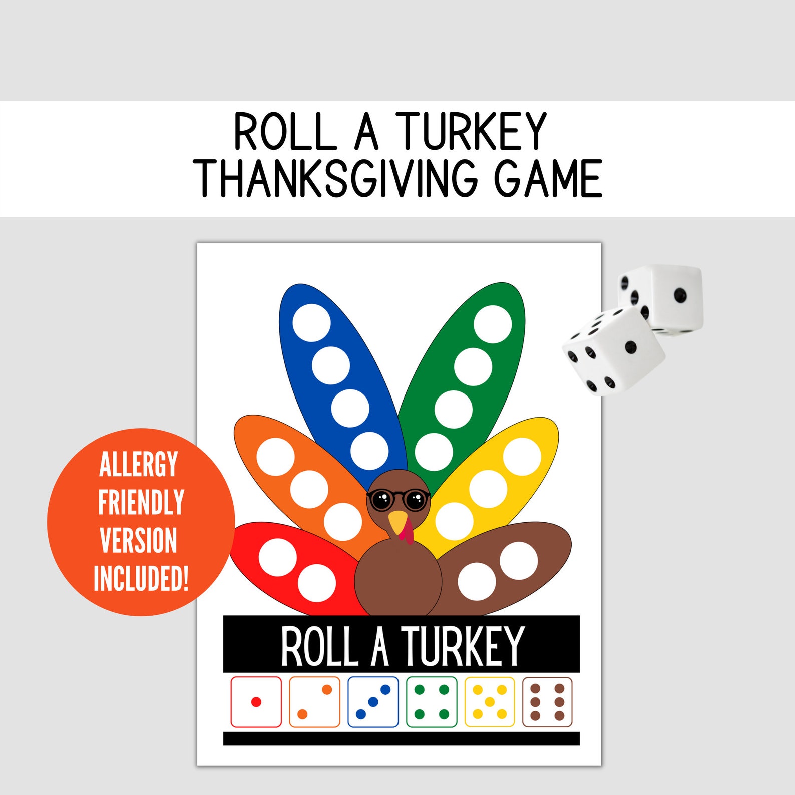 Thanksgiving Kids Table Game Roll A Turkey, PRINTABLE Family ...