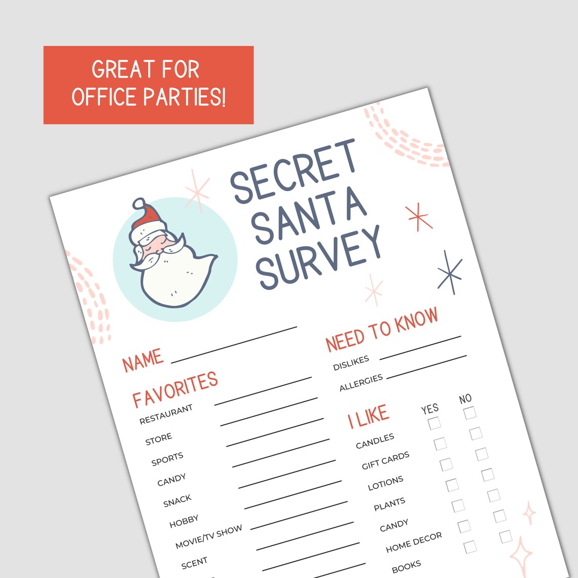 Secret Santa Questionnaire Printable for Holiday Gift Exchange, Holiday ...