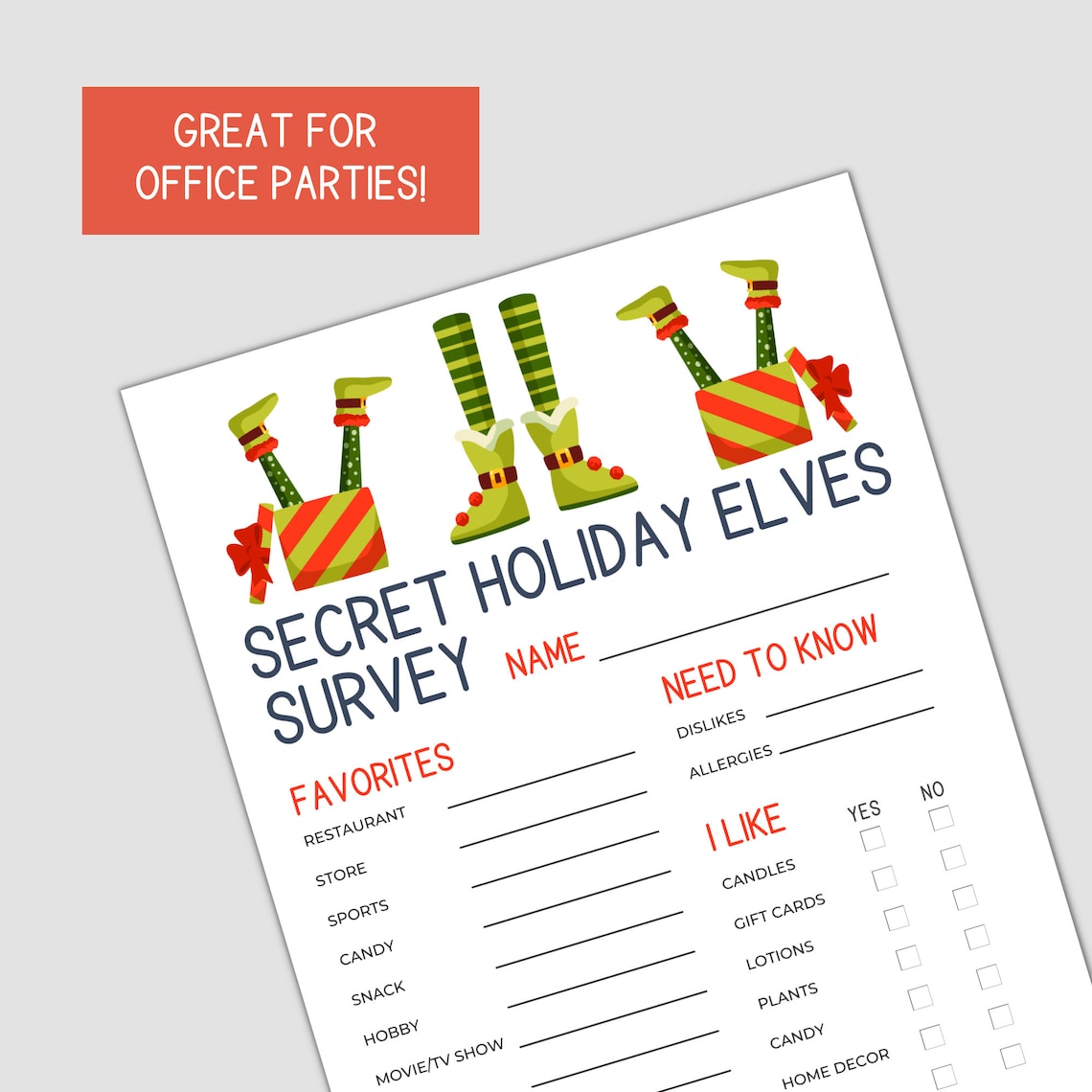 Holiday Elves Questionnaire Printable for Office Holiday Gift Exchange ...