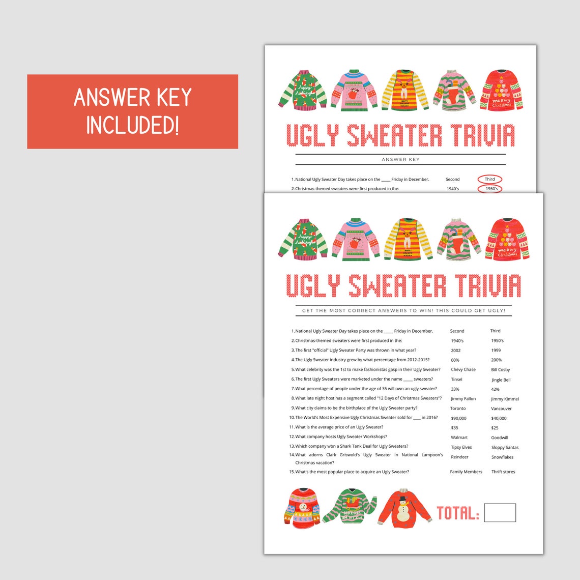Ugly Sweater Christmas Trivia Party Game for Office Parties, Printable ...