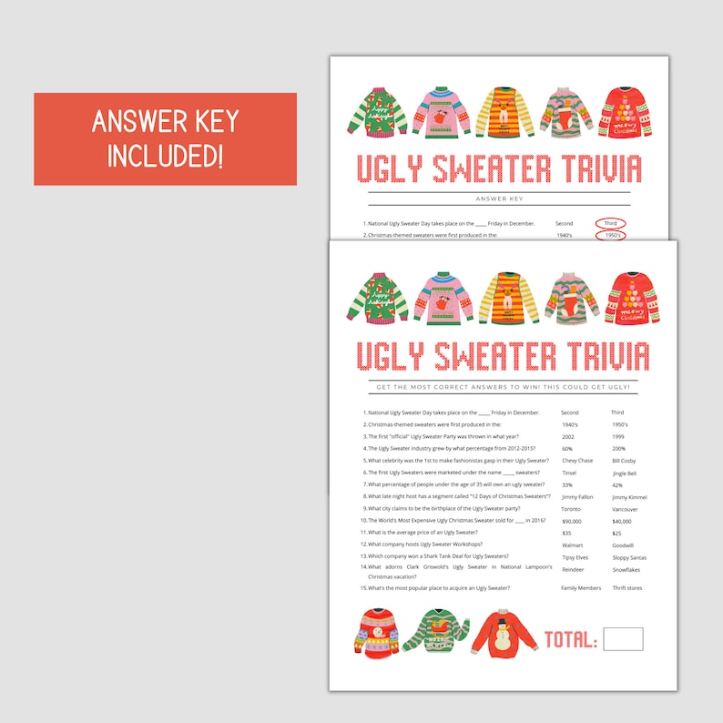 Ugly Sweater Christmas Trivia Party Game for Office Parties, Printable ...