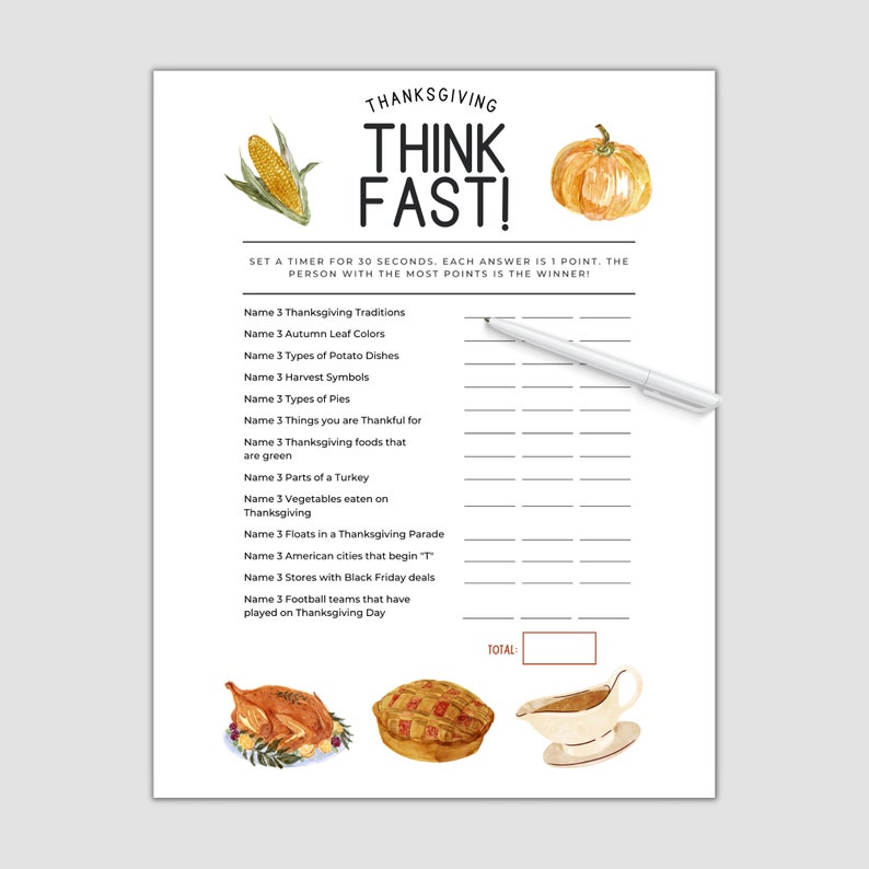 Thanksgiving Trivia Game, Think Fast Game, Thanksgiving Printable Games ...