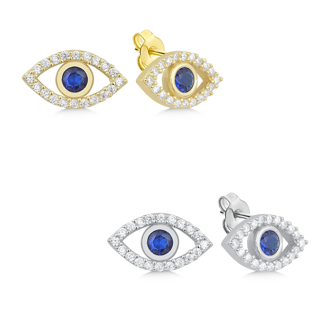 Evil Eye Stud Earrings, 14K Gold Evil Eye Stud Earrings, Dainty Silver ...