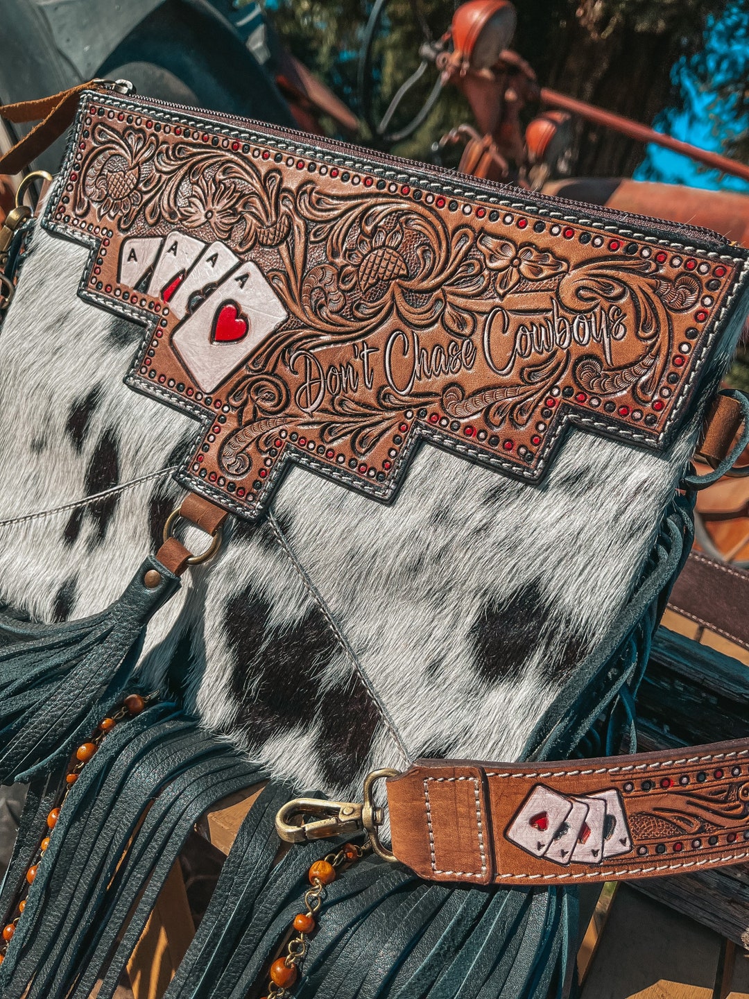 Cowhide Tooled Leather Purse: "don't Chase Cowboys" Design, Western ...