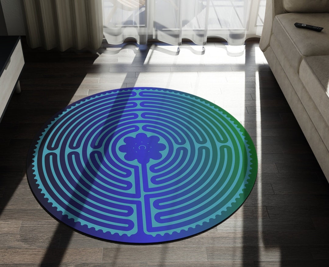 3 Tone Black Blue Green Labyrinth Round Rug, Meditation Yoga Rug ...