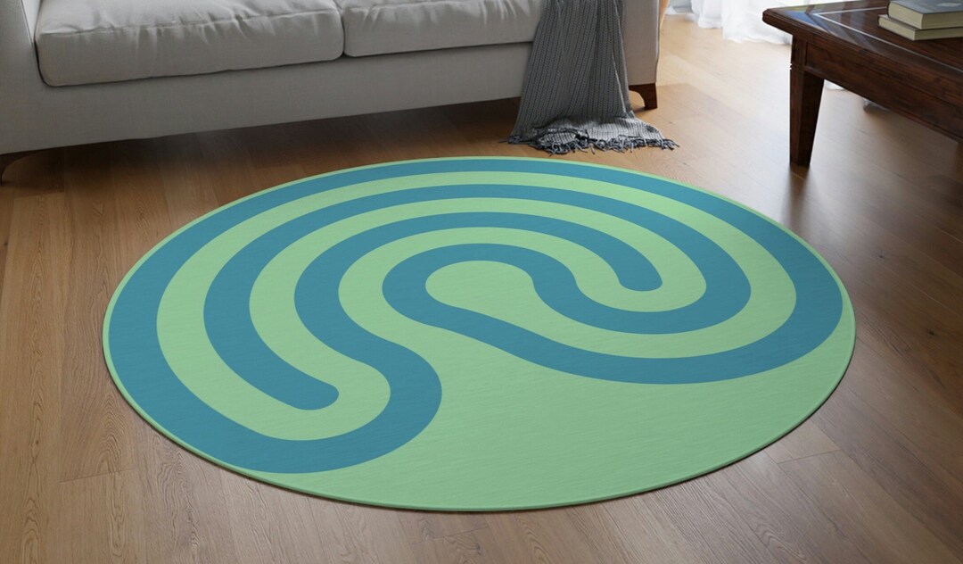 Blue and Green Simple Labyrinth Round Rug, Chenille Meditation Yoga Rug ...