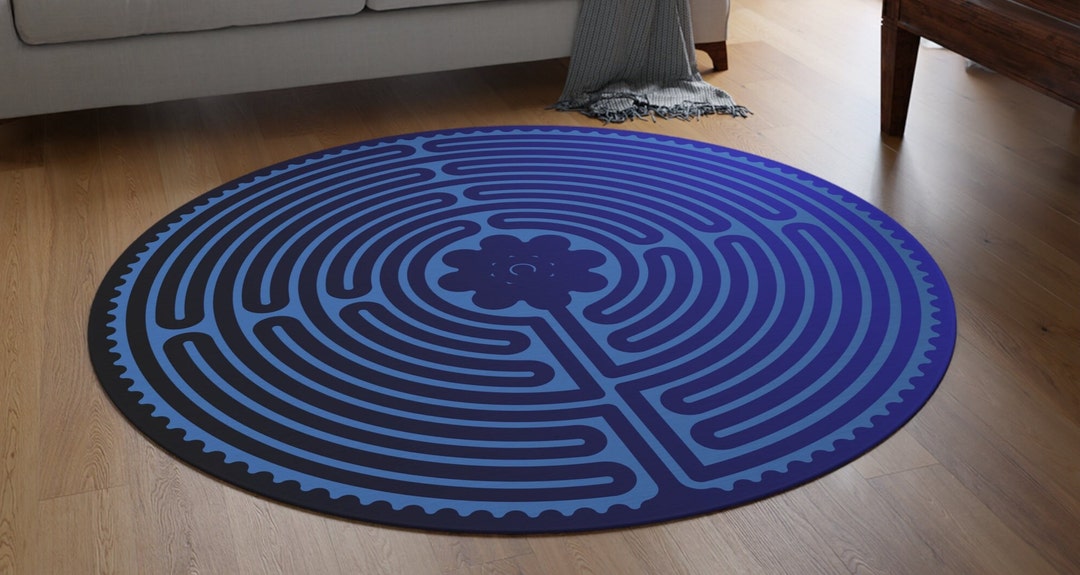2tone Black Blue Labyrinth Round Rug, Meditation Yoga Rug, Breathing ...