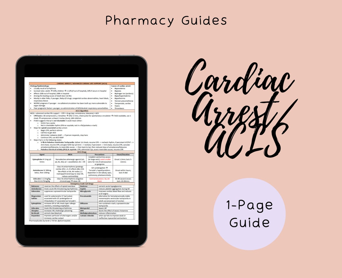 Cardiac Arrest/acls Pharmacy Study Guide | Pharmacy School Notes - Etsy