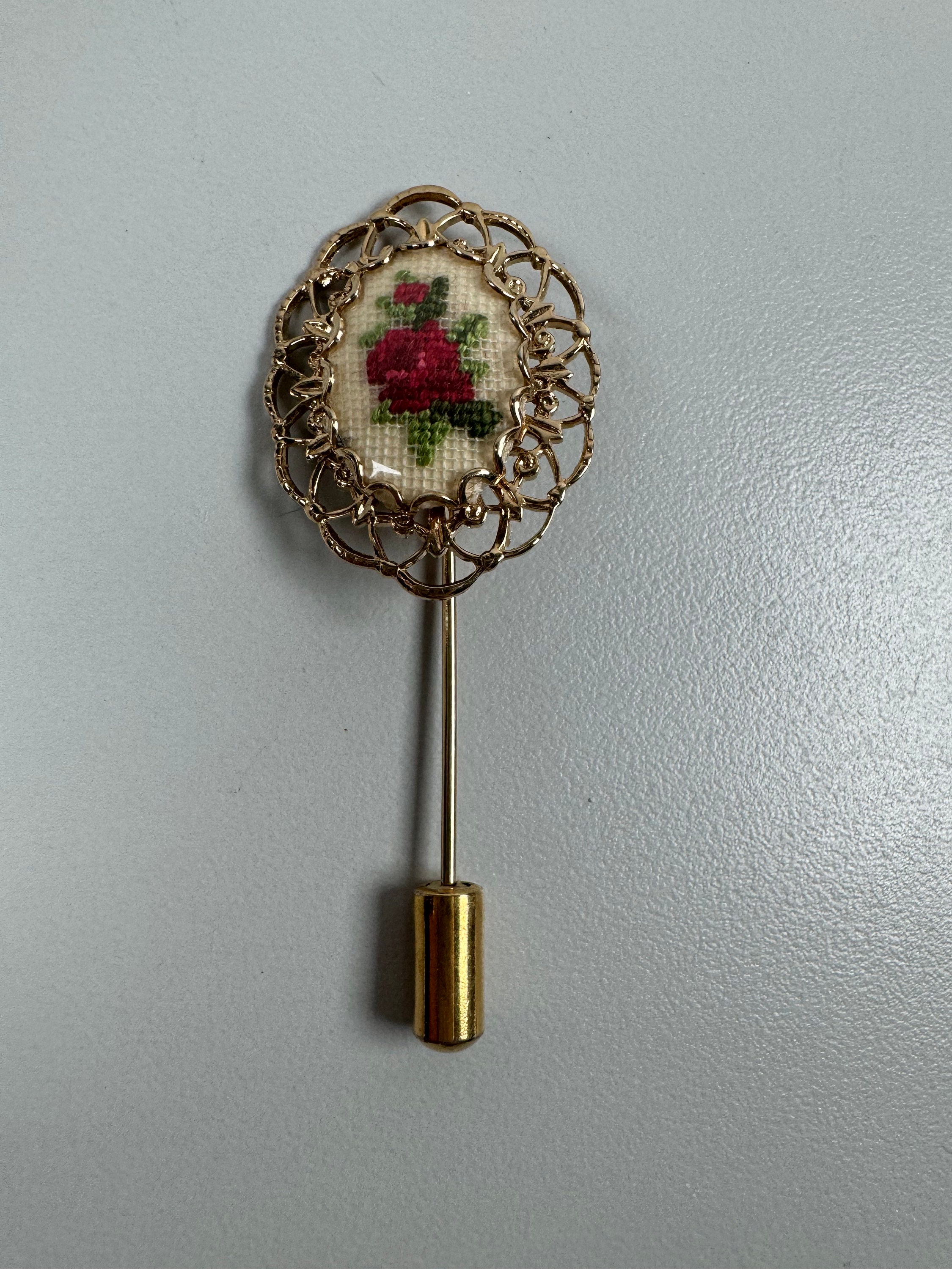 Vintage Petit Point Gold Tone Metal Stick Pin With Red Rose Micro ...