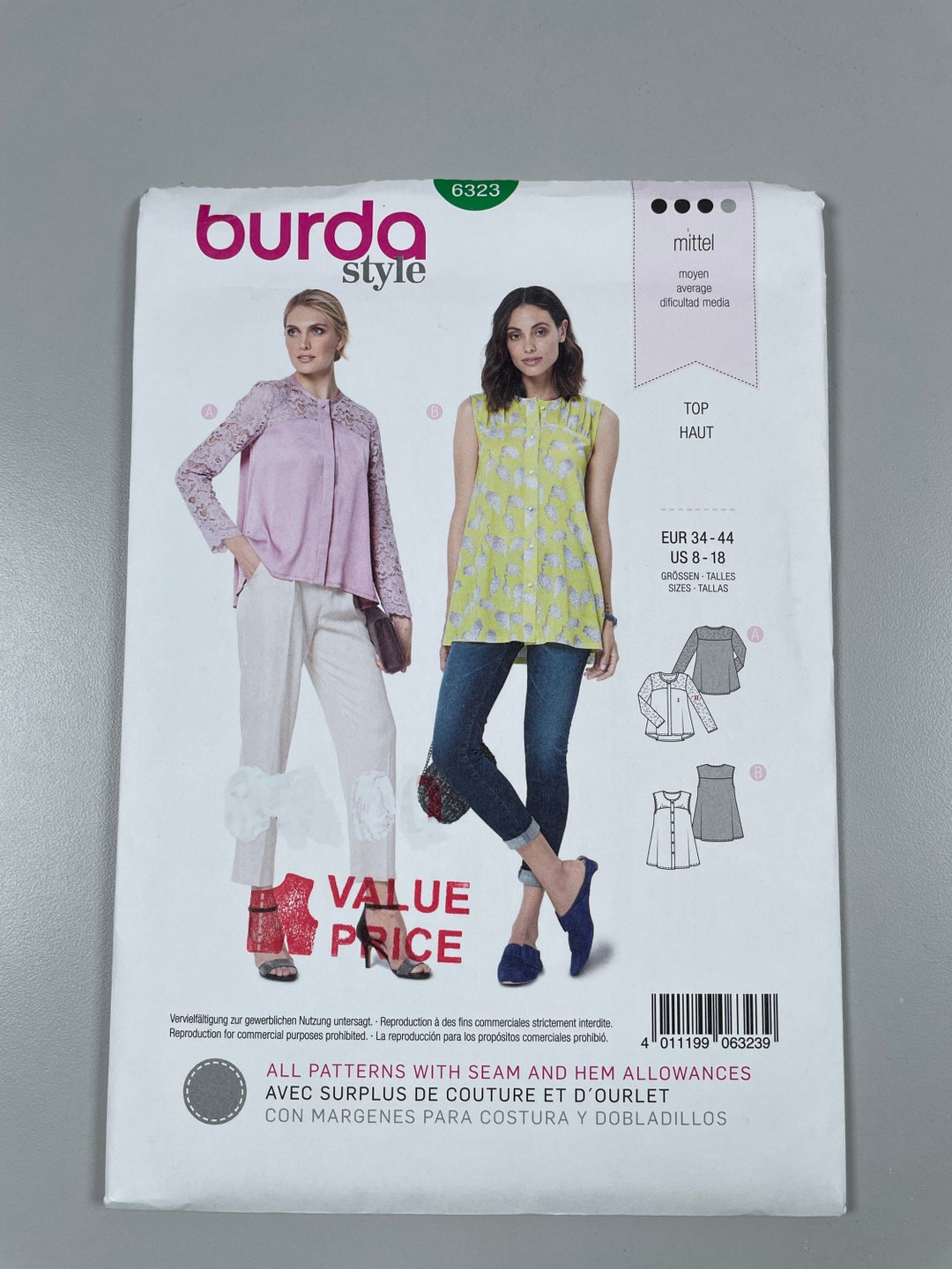 Burda 6323 FF Average Sew Uncut Misses Tops Blouses Tunics Tops. Size 8 ...