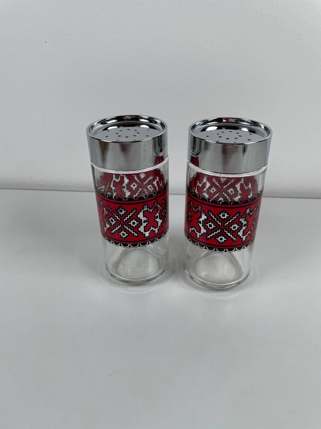Tall Vintage Ukrainian Glass Salt and Pepper Shakers Set. Plastic Metal ...