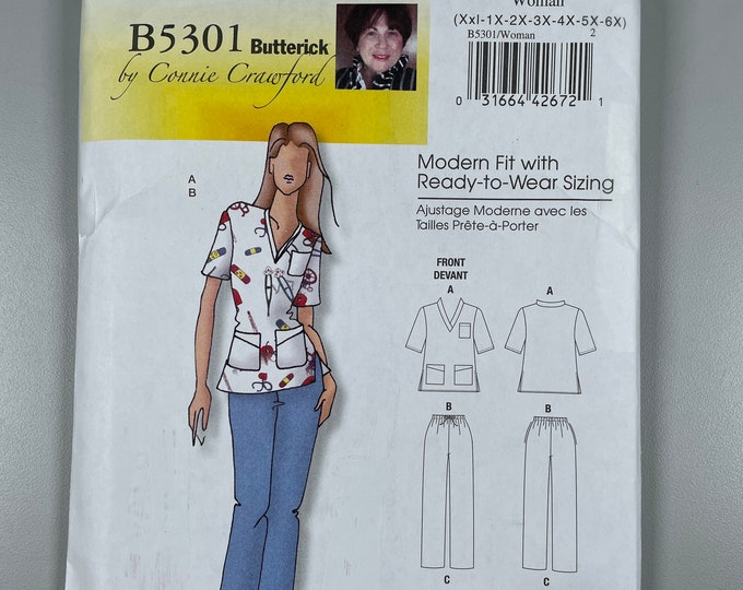 Butterick B5301 FF Uncut Easy Sew Modern Fit V Neck Scrub Top Features ...