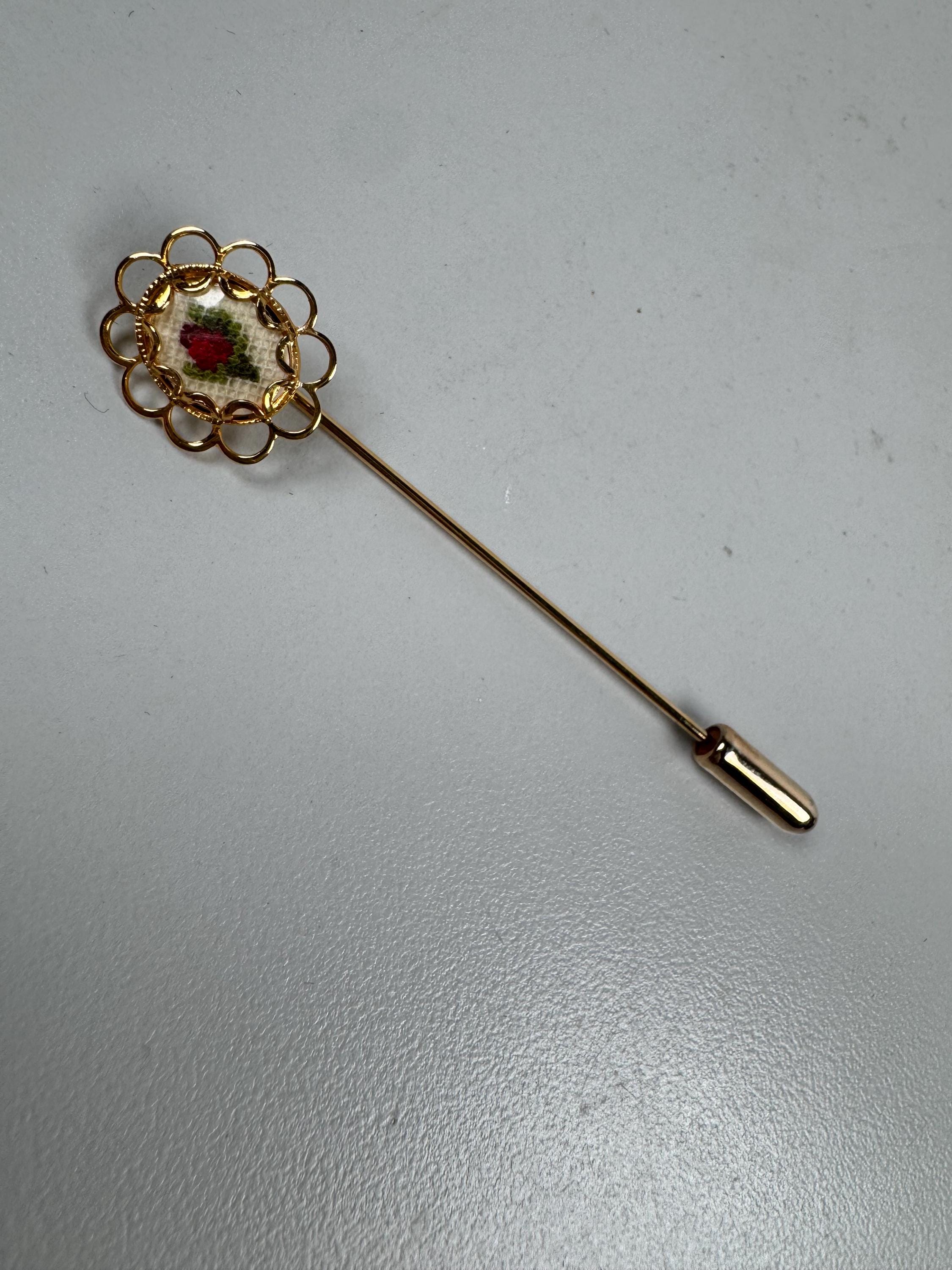 Vintage Petit Point Gold Tone Metal Stick Pin With Red Rose Micro ...