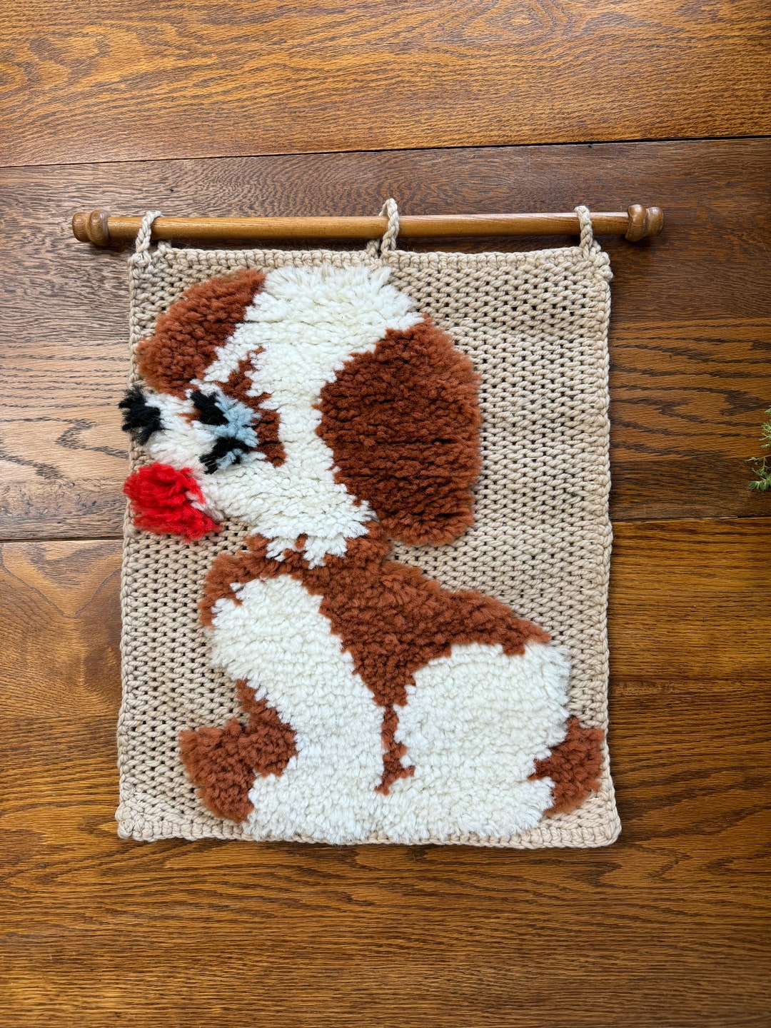 Vintage Dog Latch Hook Wall Hanging With Wooden Dowel 20' L X 15" W ...