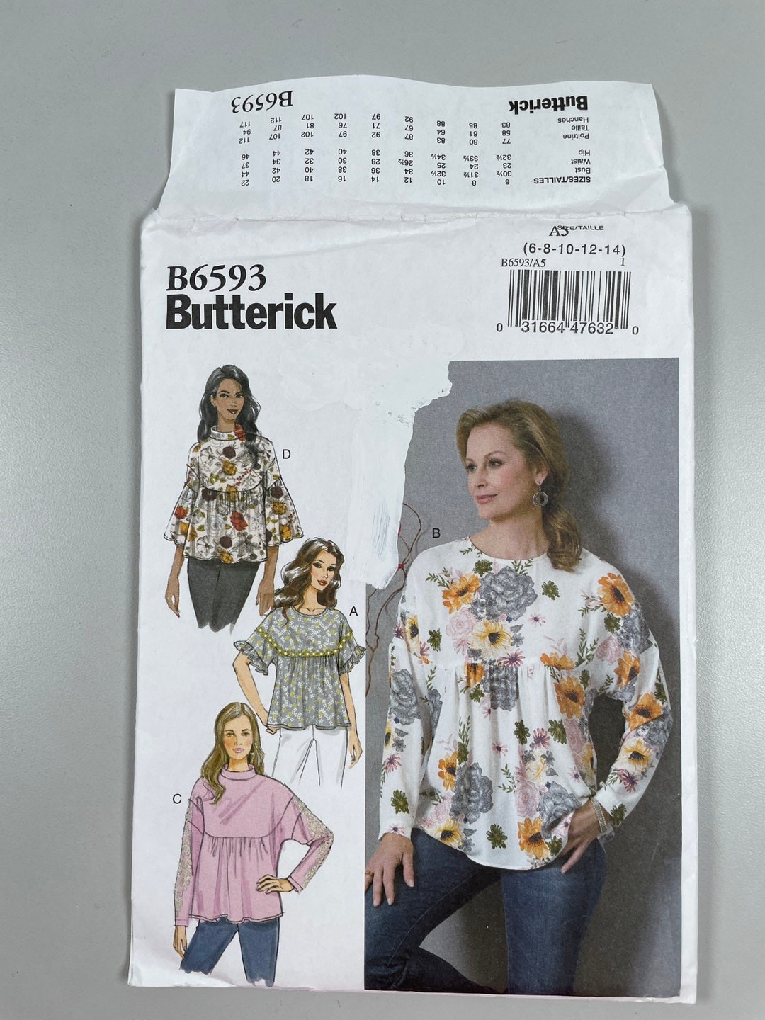 Butterick B6593 FF Uncut Easy Sew Misses Tops Loose Fitting Gathered ...