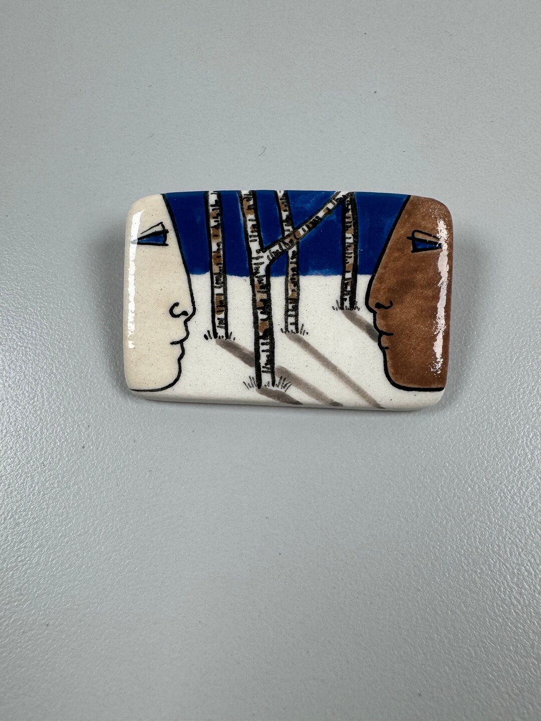 THE MEETING Hand Painted Porcelain Brooch Signed Hand Painted Pin 1 3/4 ...