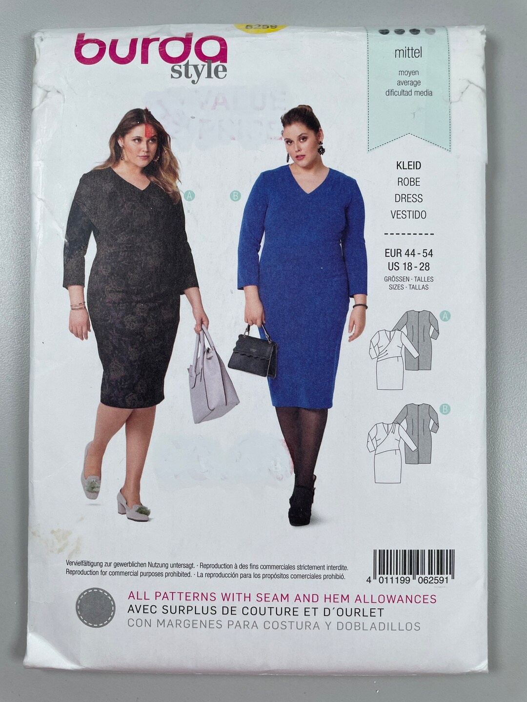 Burda 6259 FF Uncut Average Sew. Misses Crossover Bodice Dress. Sizes ...