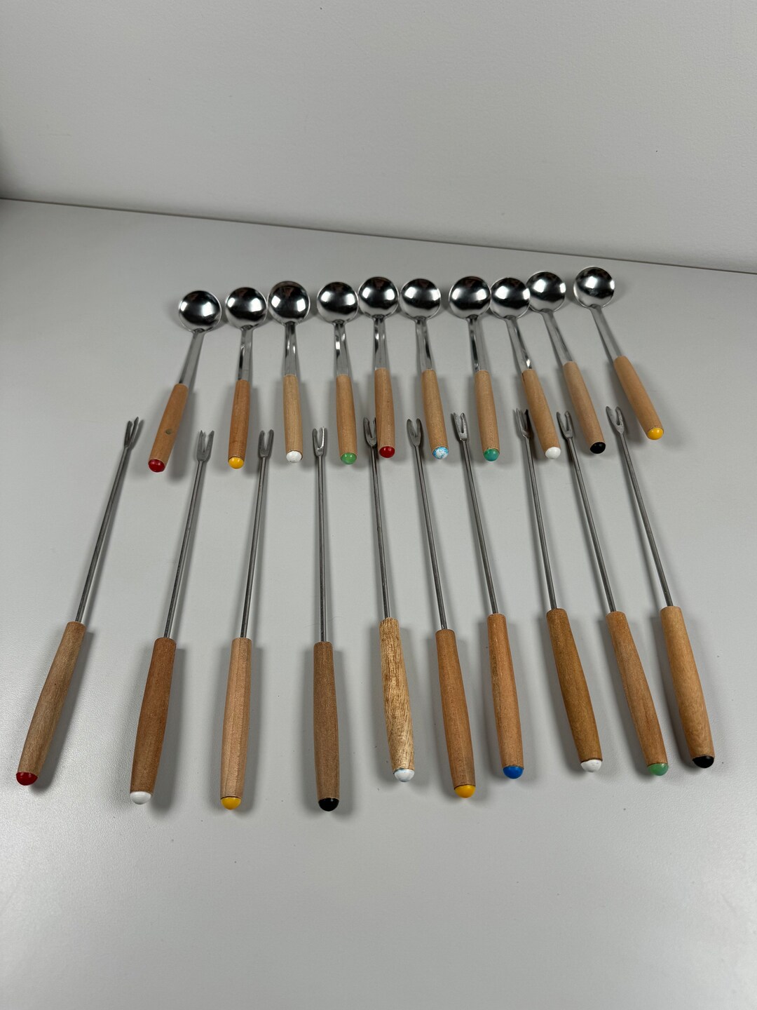 Vintage Fondue Fork N Spoon Set of 20 Wood Handle Heavy Metal. Spoons ...