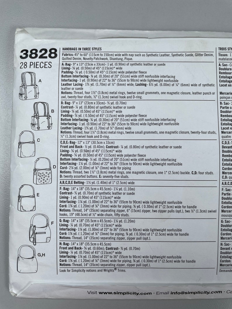 Simplicity 3828 FF Uncut Average Sew 9”x13”, 12”x13”, 14”x18” Handbags ...