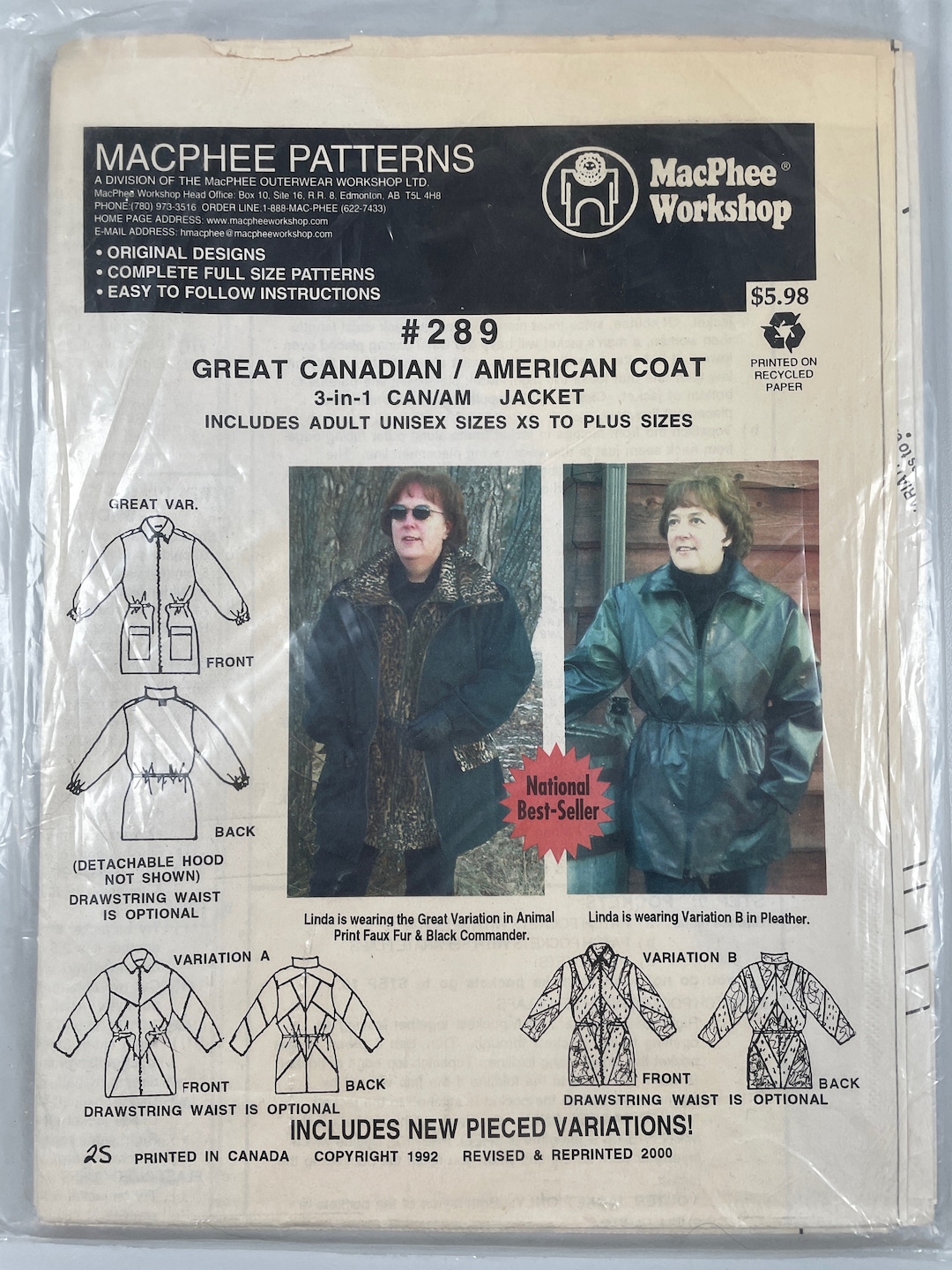 Macphee Patterns 289 FF Uncut Great Canadian American Coat Adult Unisex ...