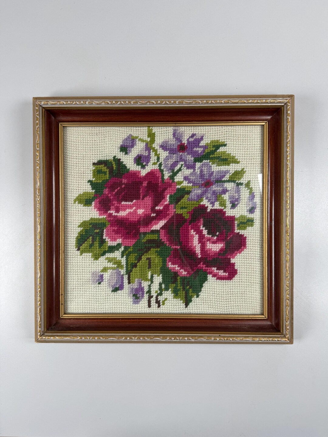Vintage Wood Framed Crewel Cross Stitch Embroidery Needle Point ...
