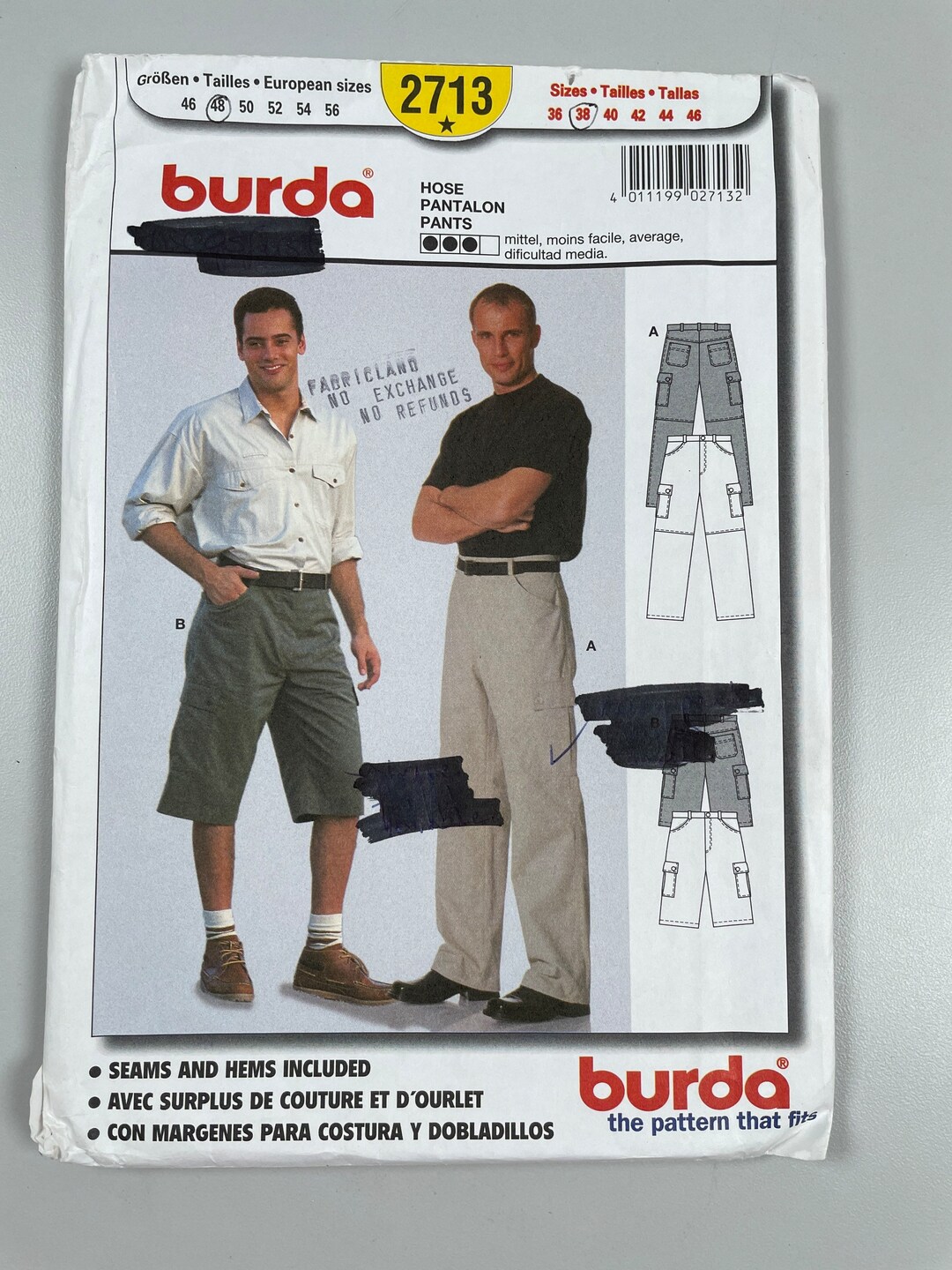Burda 2713 Complete Mens Pants Semi Fitted Pants or Shorts. Cut to Size ...