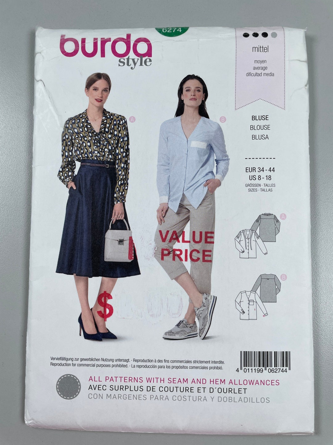 Burda 6274 FF Uncut Easy Sew. Misses Blouse Wîth Variations in Styling ...