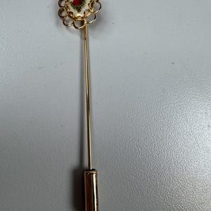 Vintage Petit Point Gold Tone Metal Stick Pin With Red Rose Micro ...