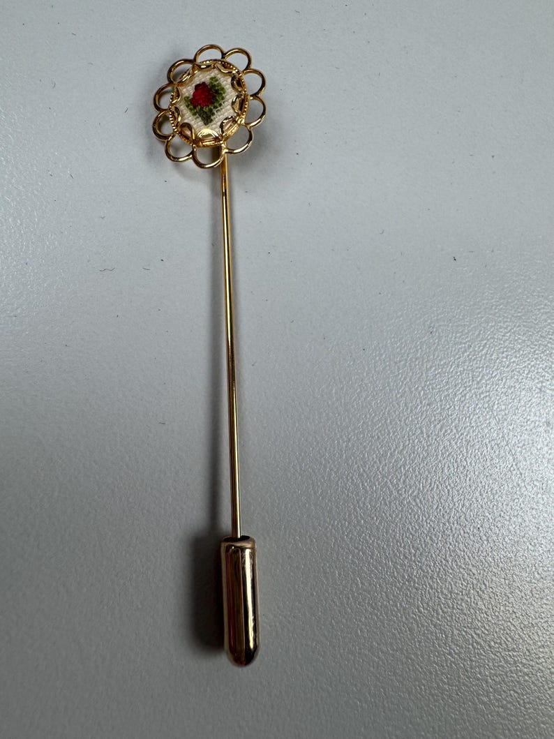 Vintage Petit Point Gold Tone Metal Stick Pin With Red Rose Micro ...