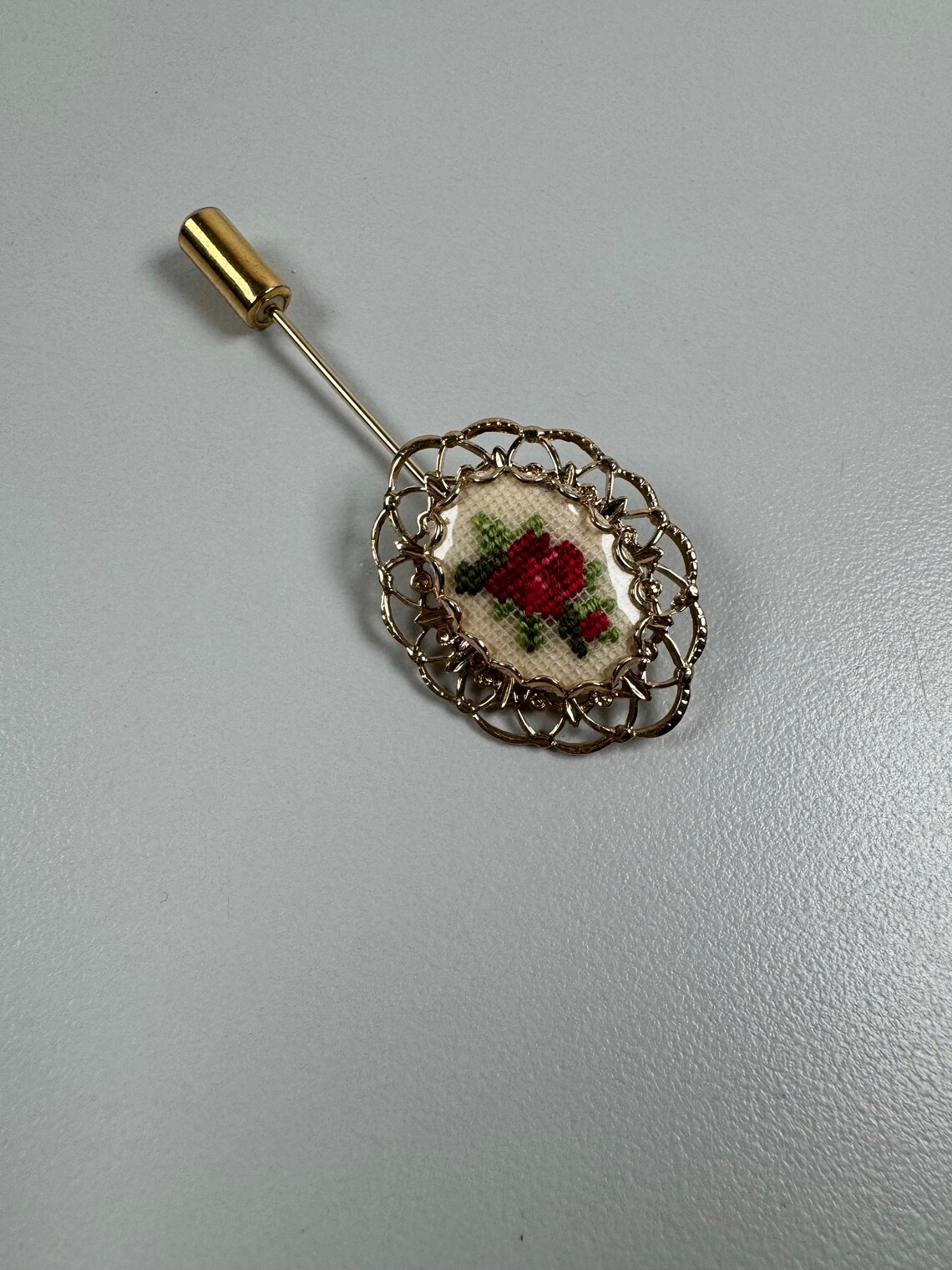 Vintage Petit Point Gold Tone Metal Stick Pin With Red Rose Micro ...