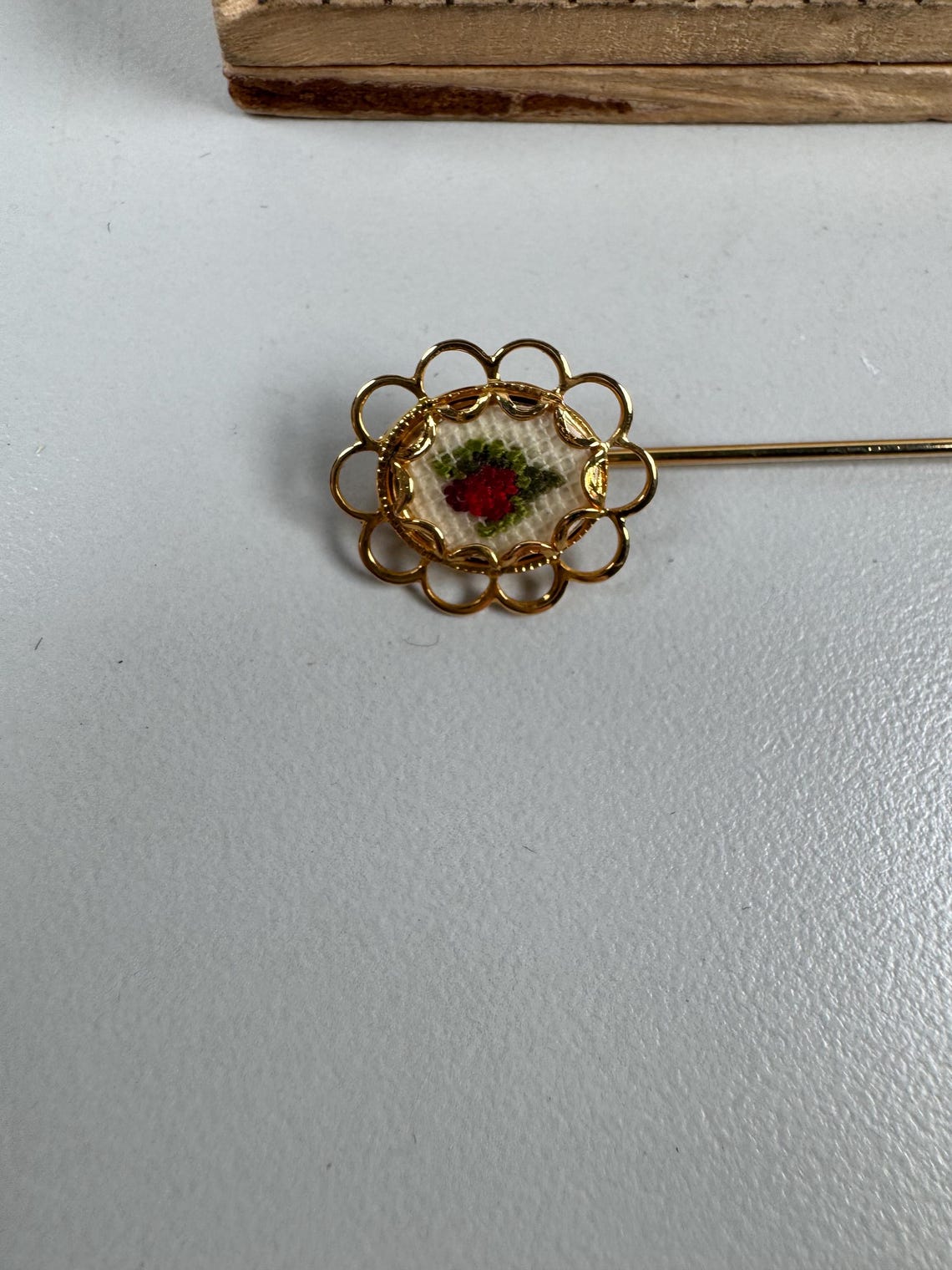 Vintage Petit Point Gold Tone Metal Stick Pin With Red Rose Micro ...