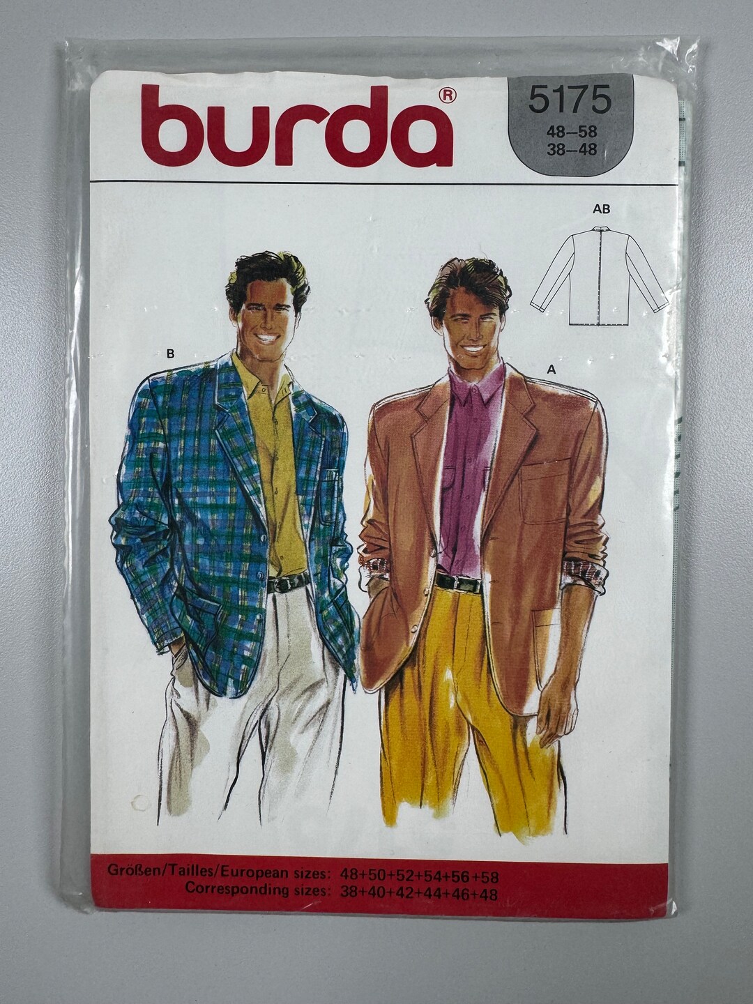 Burda 5175 FF Uncut Men's Suit Jacket Man’s Guys Boys Male Size 48-58 ...
