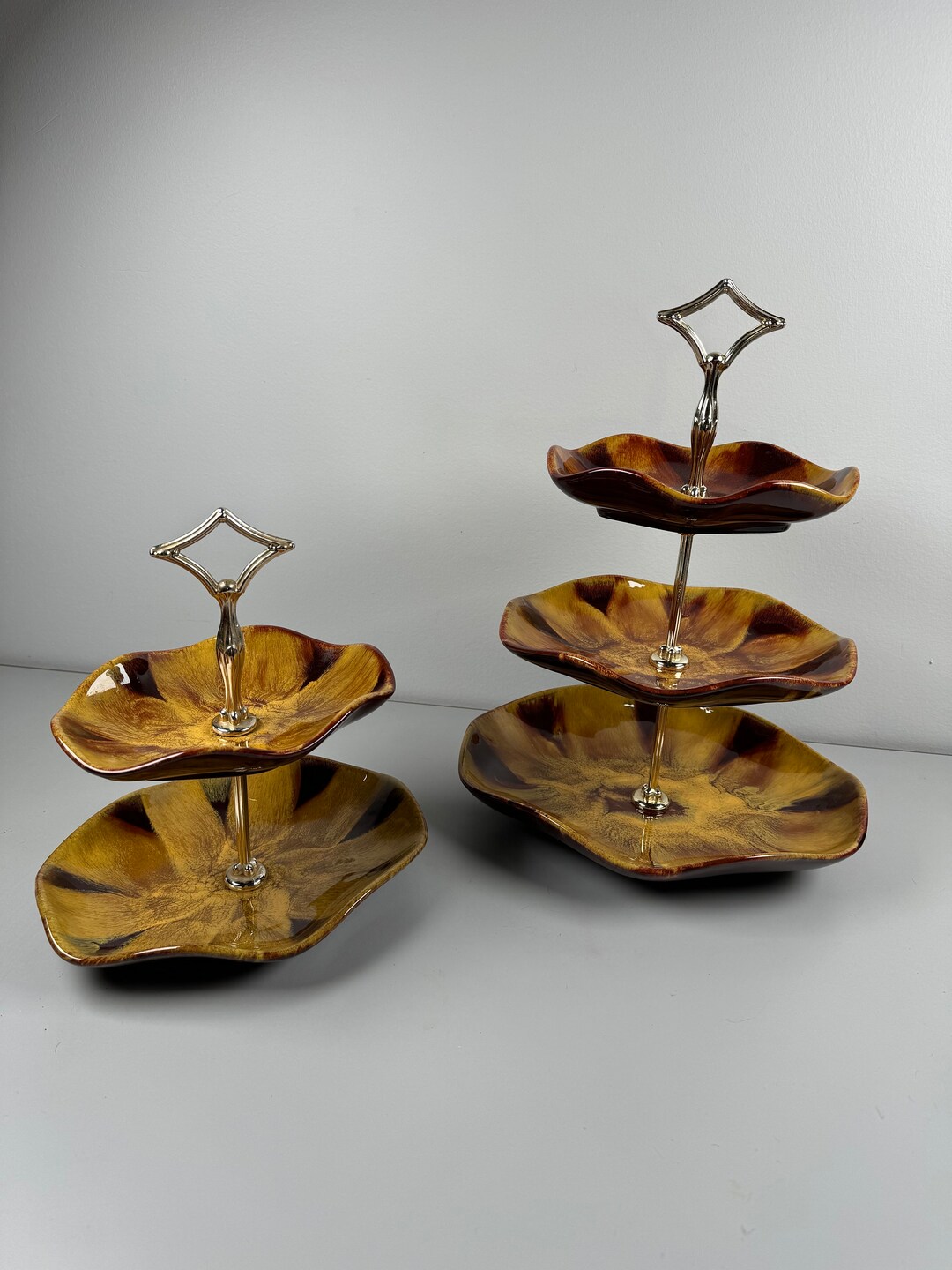 Set a 3 Tier and a 2 Tier Gold Handles, Golds Browns Drip Glaze MCM ...