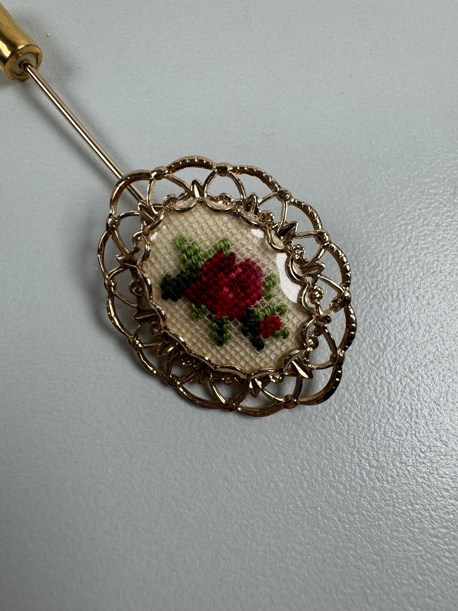 Vintage Petit Point Gold Tone Metal Stick Pin With Red Rose Micro ...