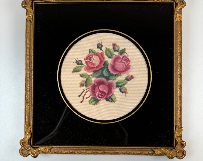 Vintage Petit Point Hand Painted Pinks Floral Framed in Antique ...